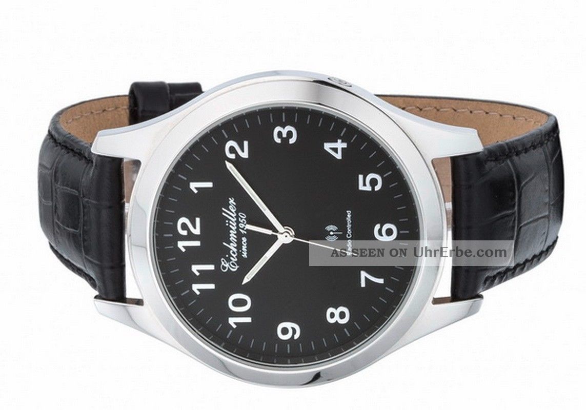 EichmÜller Funk Armbanduhr Herrenuhr Analog Dcf 77 Atom Uhr Signal Schwarz
