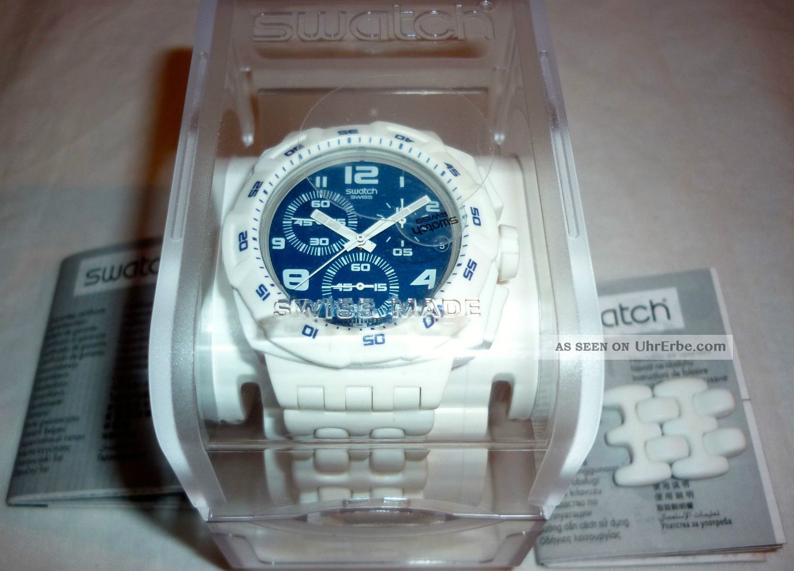 Swatch Chrono Blue Purity Uhr; Chronograph, Datum, Blau/weiß