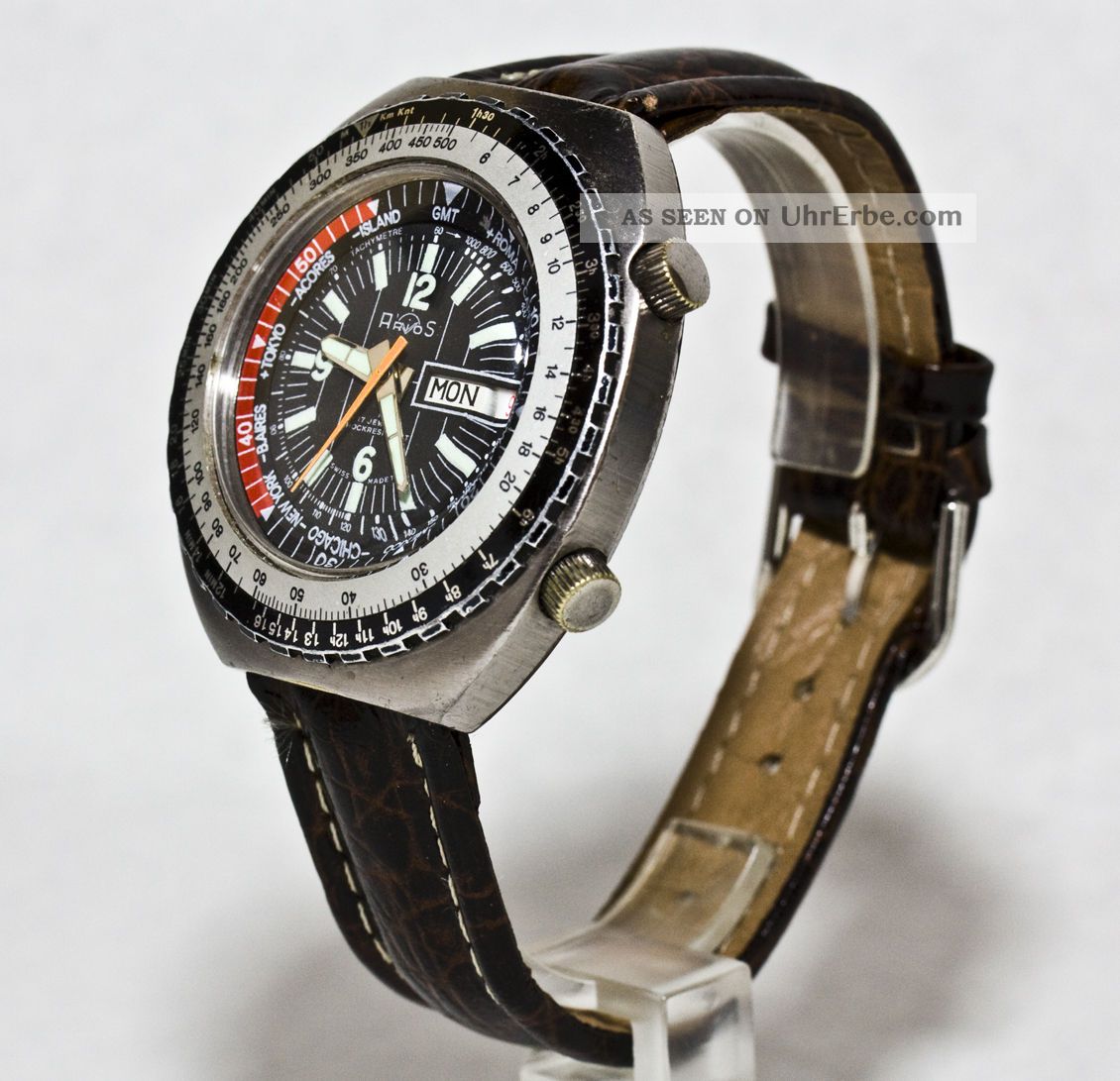 Swiss Worldtimer Arvos Kaliber Ronda 1217, Daydate, Ca. 1970 Top Selten