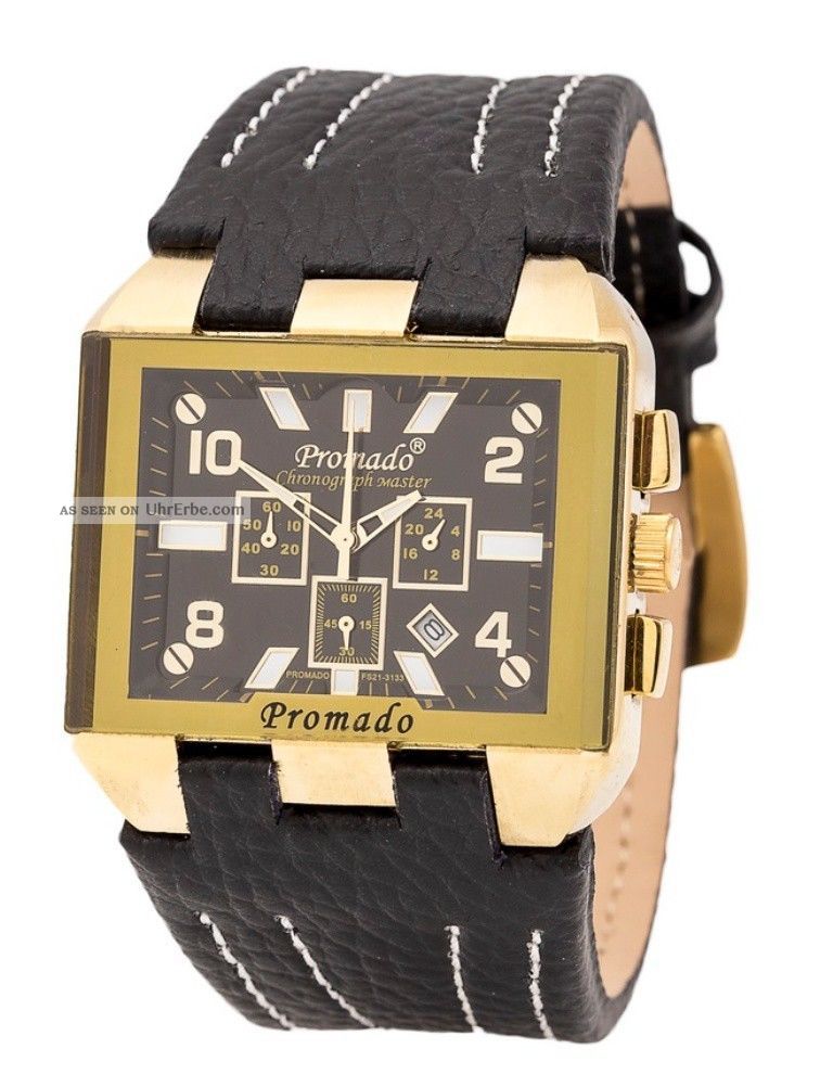 Chronograph Herrenuhr Promado Angolo Schwarz Gold Edelstahl Datum Leder